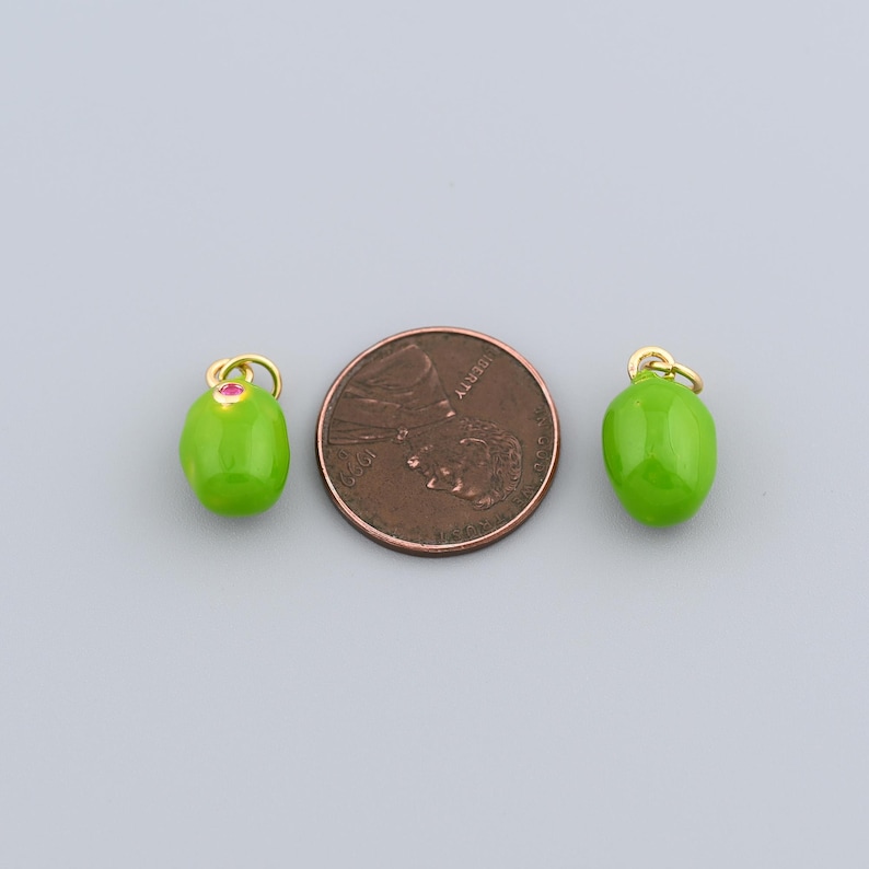 Enamel Olive Pendant in Bright Green With Sparkling Pink Gem Detail and ...