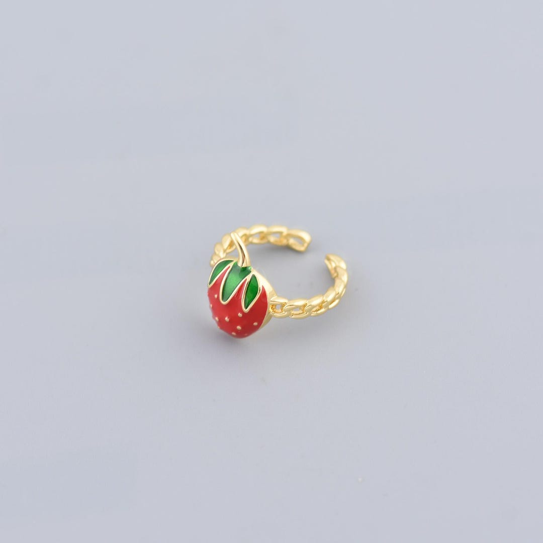 Dainty Gold Strawberry Ring With Red Enamel for Minimalist Jewelry and ...