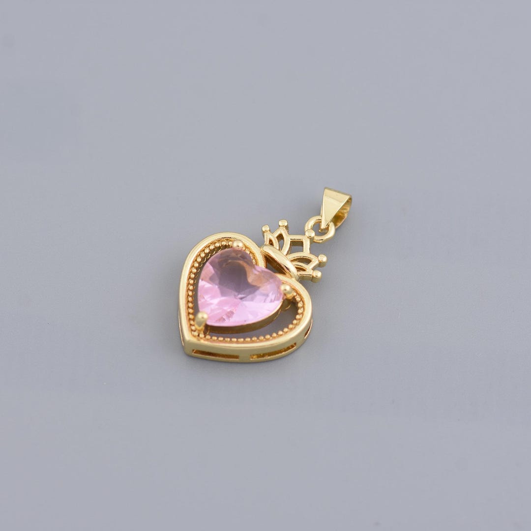 Romantic Gold Heart Pendant With Pink Gemstone and Crown Accent for ...