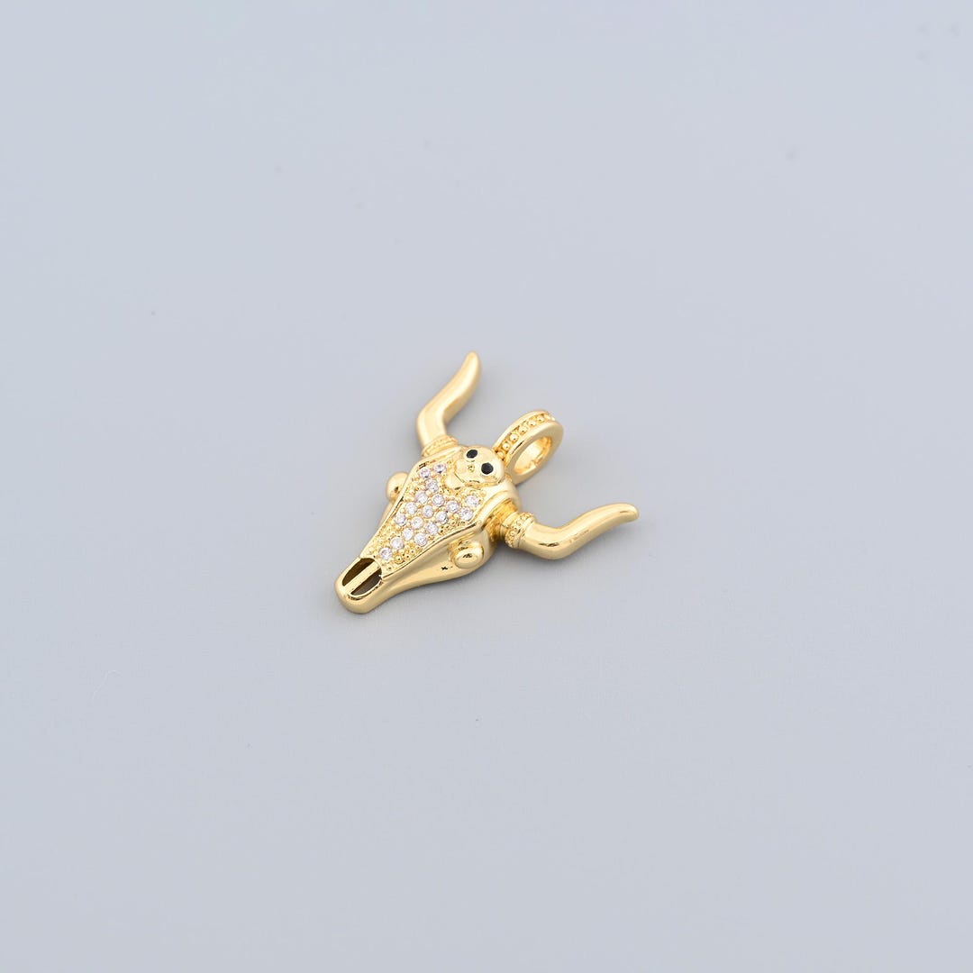 Gold Bull Head Pendant With Long Horns and Pave CZ Crystals, Statement ...
