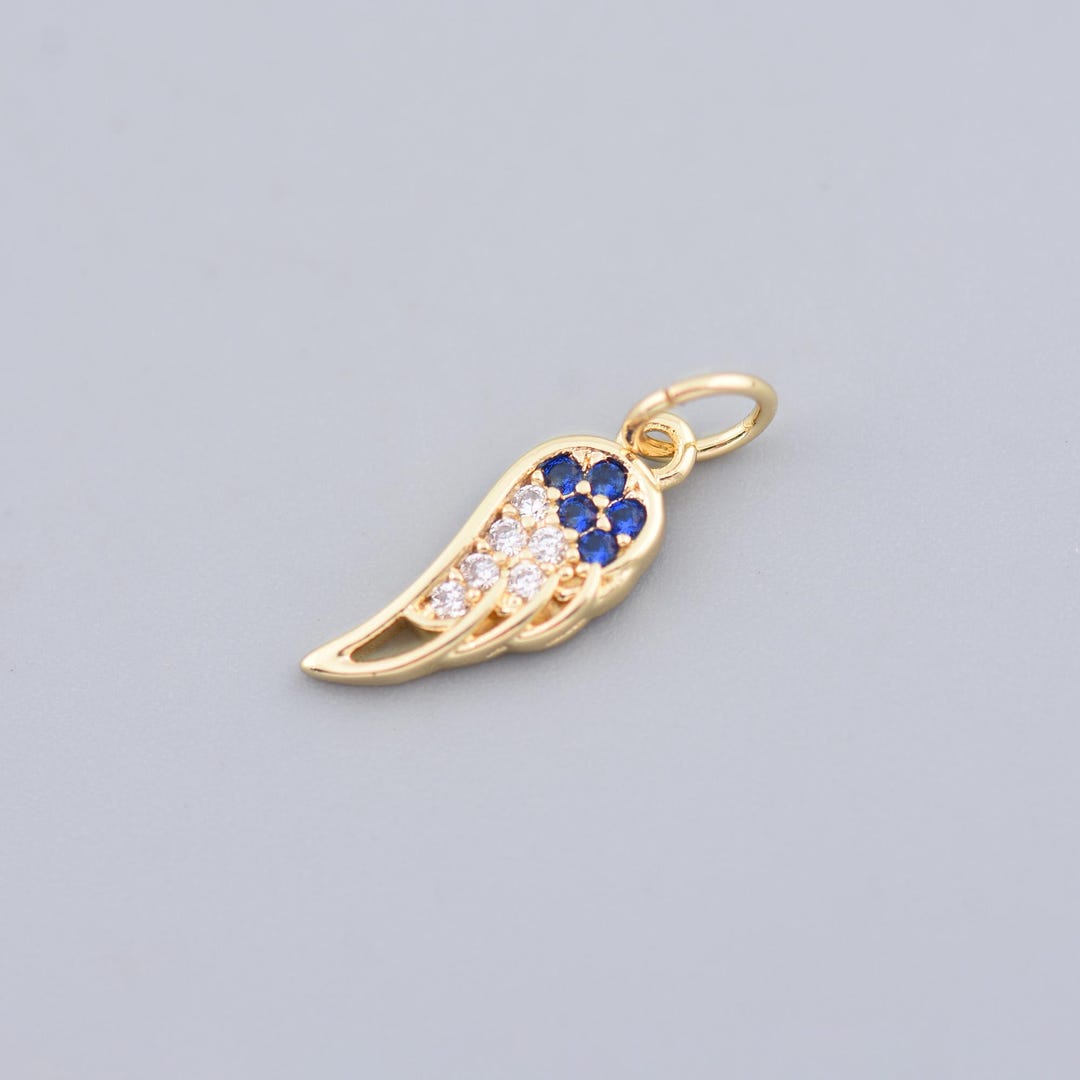Delicate Gold Wing Charm With Blue and White Crystals for Minimalist ...