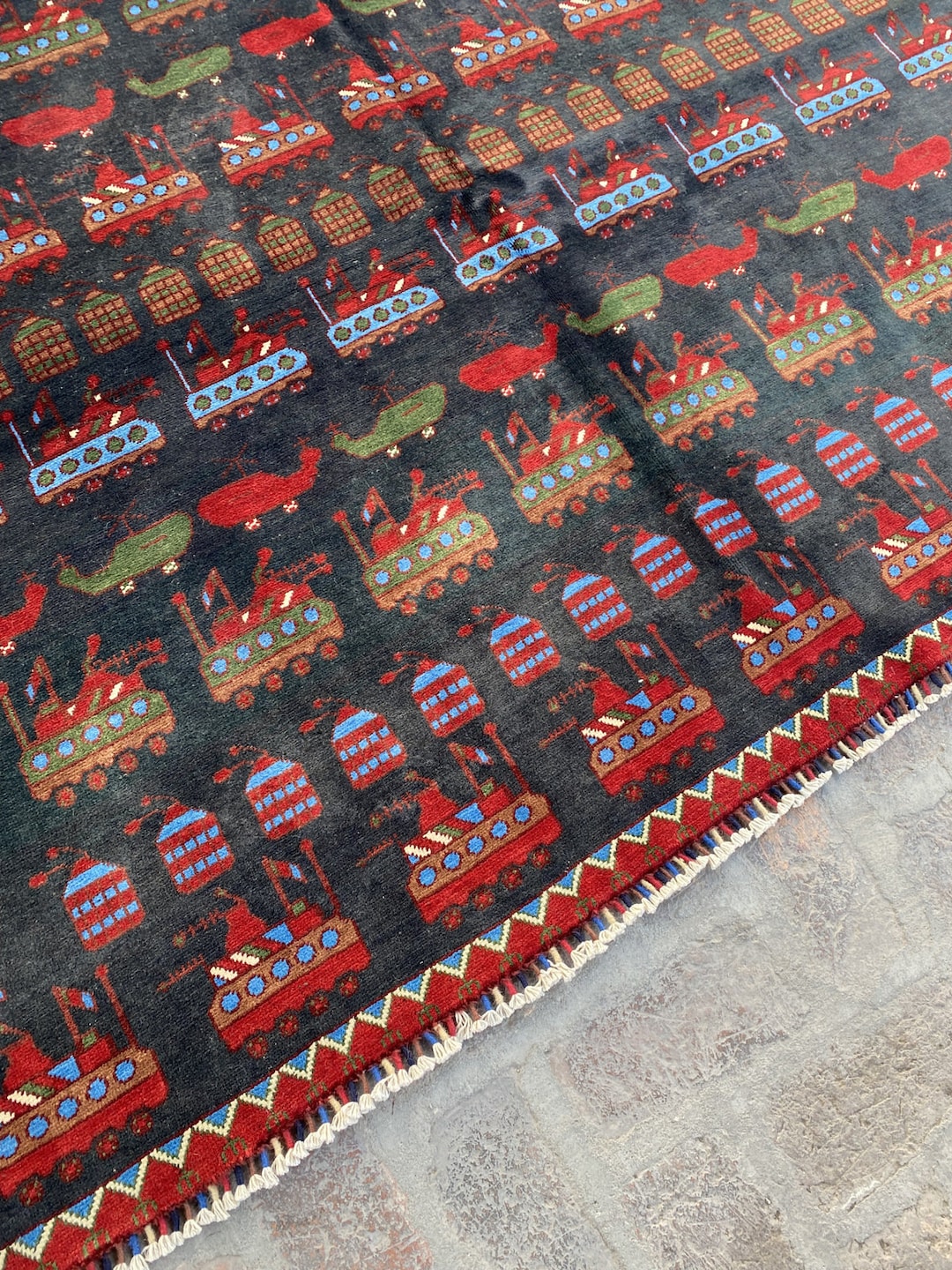 6.9 X 9.8 Feet Size, Pictorial Rug, Helicopter Tank Rug, Handmade ...