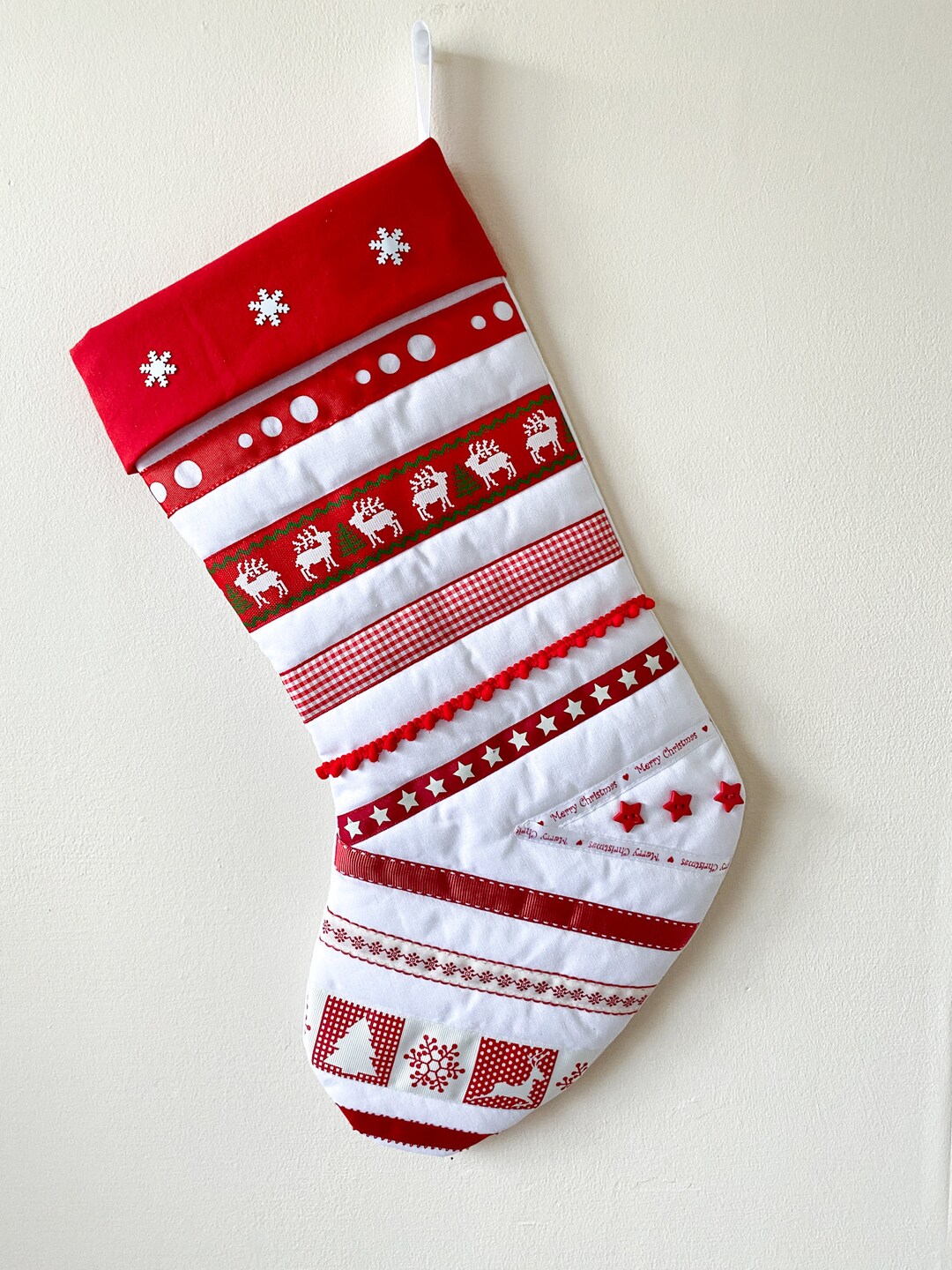 Heirloom Scandi White Christmas Stocking - Handmade - Ribbon - Festive ...
