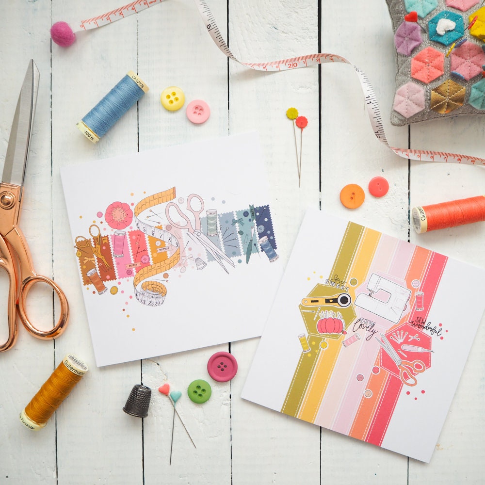 Pin, Stitch, Button, Snip Square Greetings Card - Sewing Birthday ...