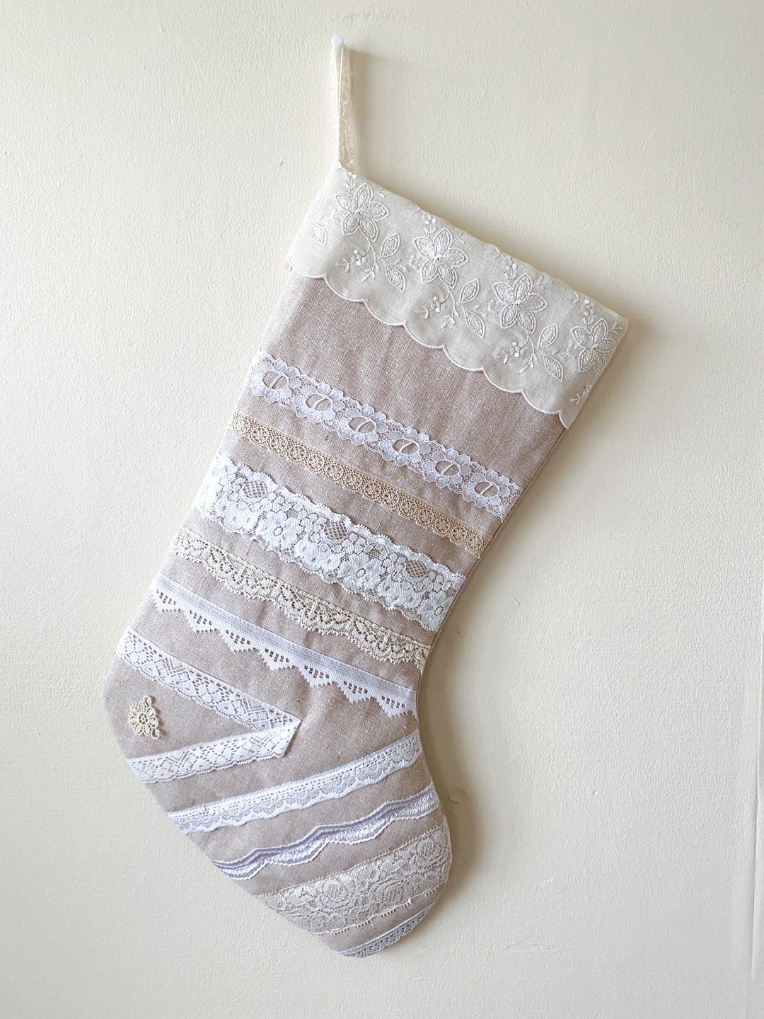 Heirloom Festive Christmas Linen and Lace Stocking Handmade Ribbon ...
