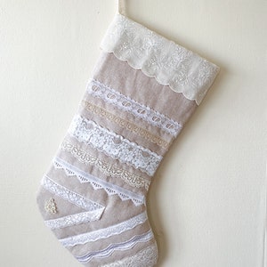 Heirloom Festive Christmas Linen and Lace Stocking Handmade Ribbon ...