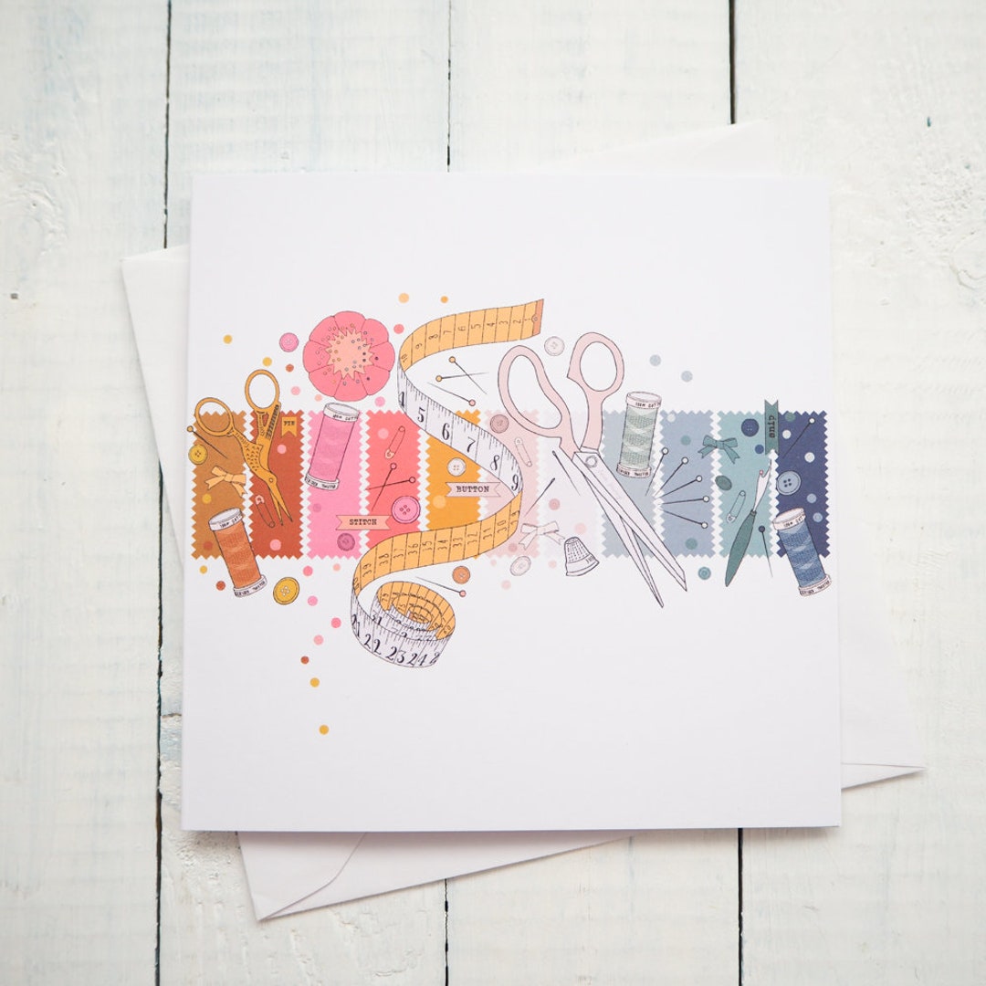 Pin, Stitch, Button, Snip Square Greetings Card - Sewing Birthday ...