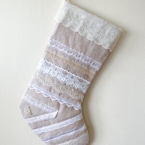 Heirloom Festive Christmas Linen and Lace Stocking Handmade Ribbon ...
