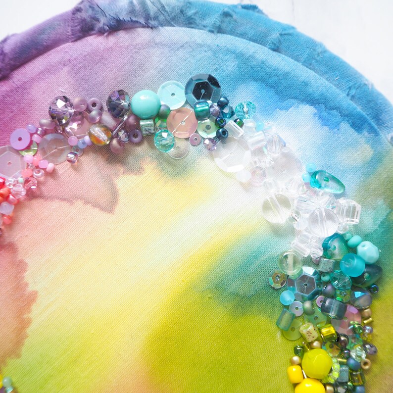 Beaded Embroidery Hoop Art - Hand Painted - Crystals - Rainbow - Beaded ...