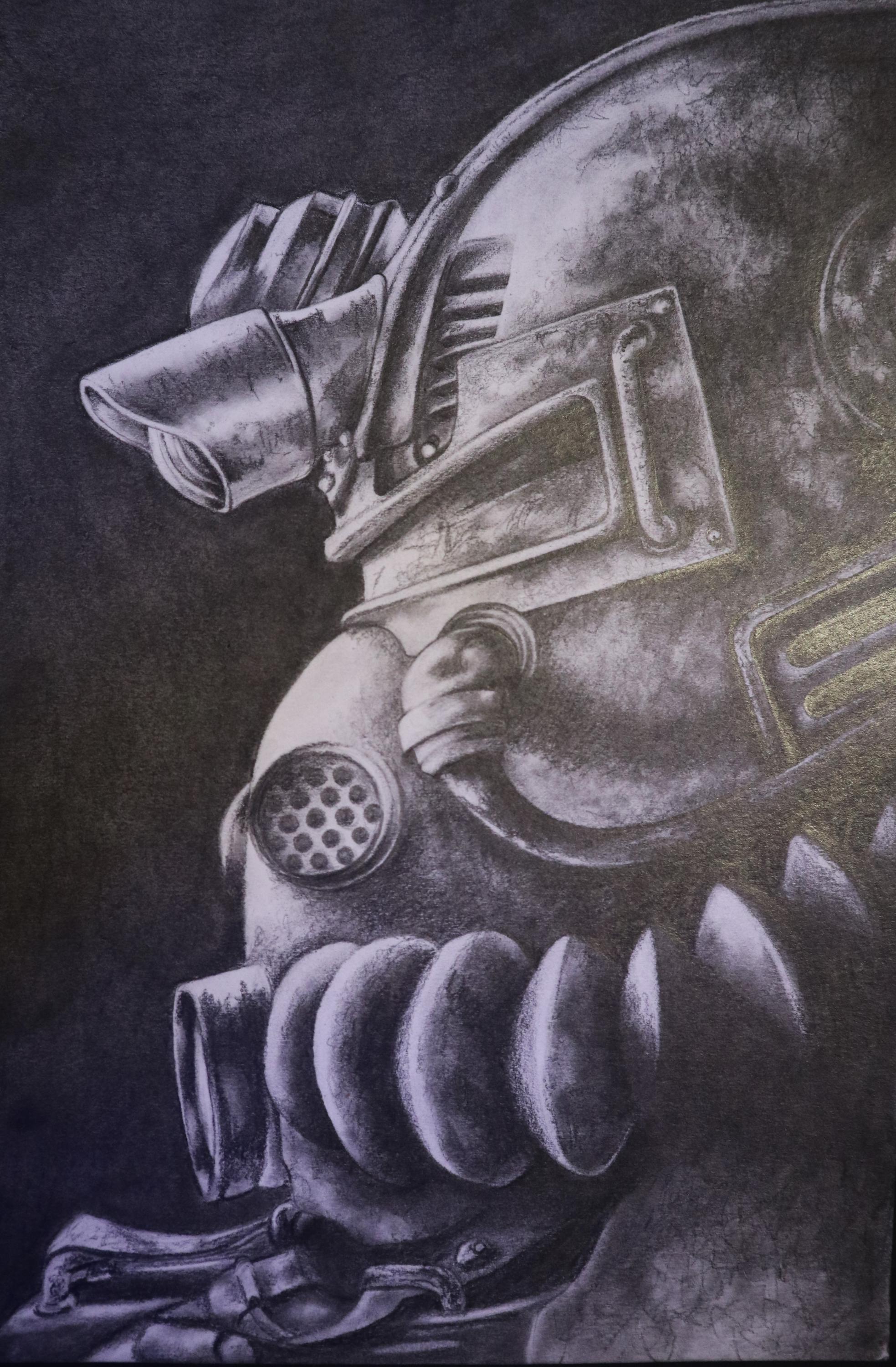 Fallout Fanart Power Armour Charcoal Drawing Original T-60 T-45 Fallout ...