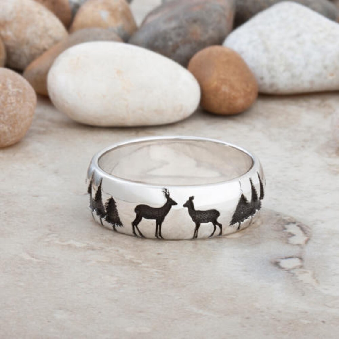 Deer and Forest Silhouette Laser Engraved Ring - Etsy