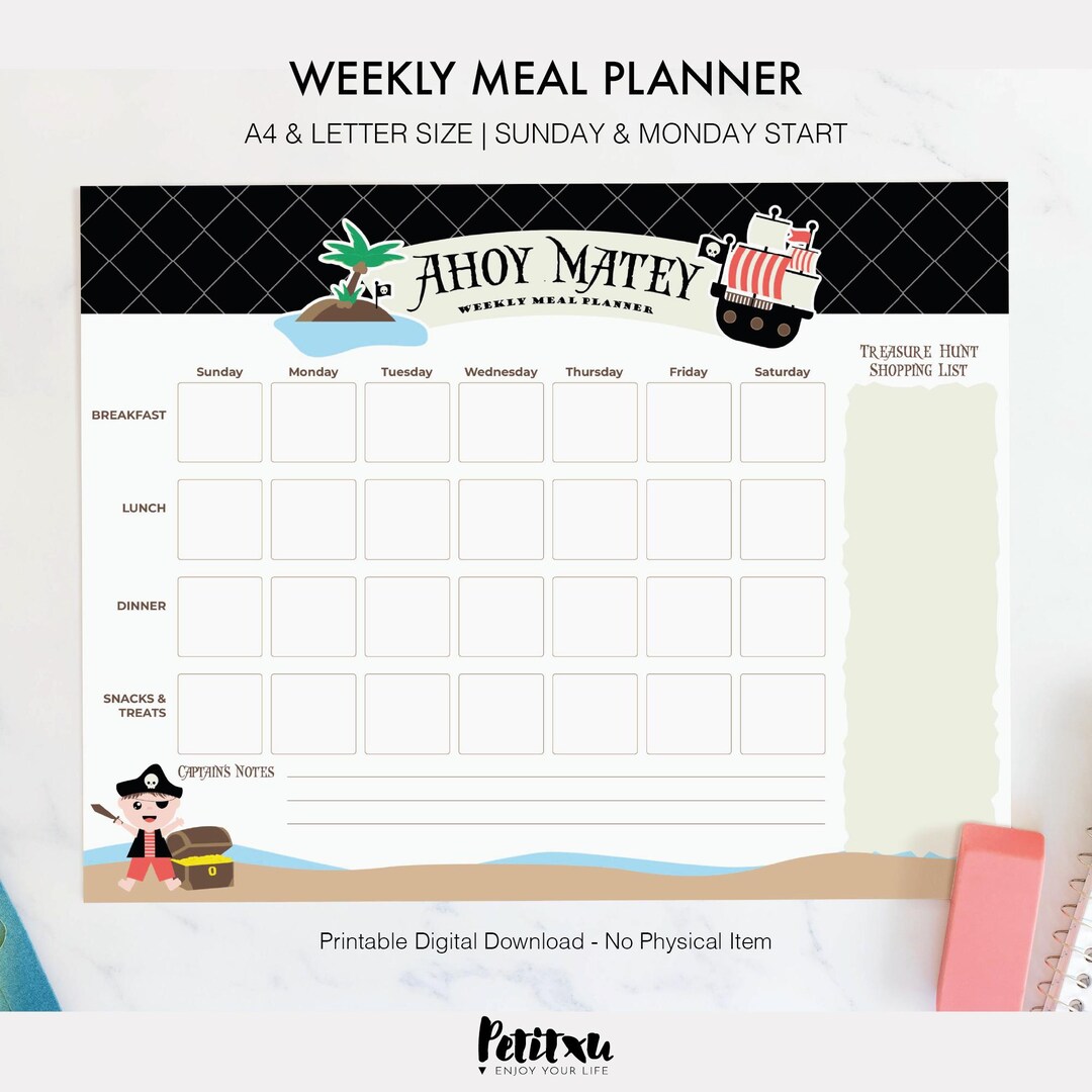 Printable Weekly Meal Planner for Kids | Pirate Theme Family Meal ...