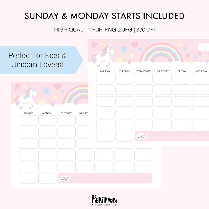 Unicorn Perpetual Calendar Printable | Cute Monthly Planner for Kids ...