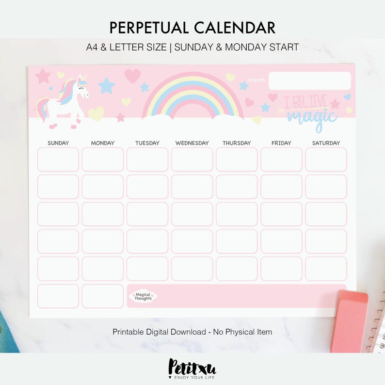 Unicorn Perpetual Calendar Printable | Cute Monthly Planner for Kids ...