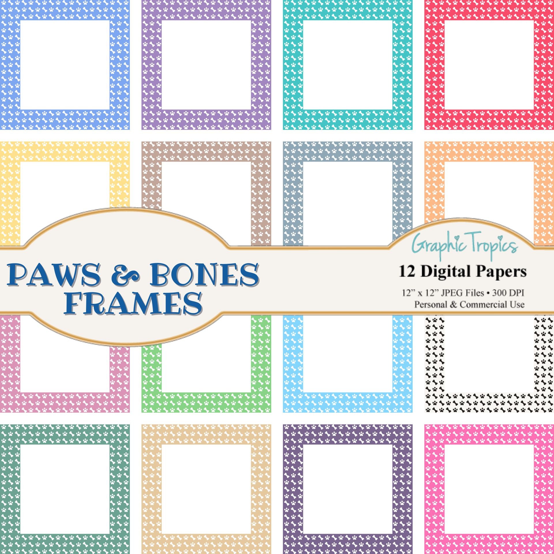 100 Paw Print and Bones Frames Clipart Dog Paw Bones - Etsy
