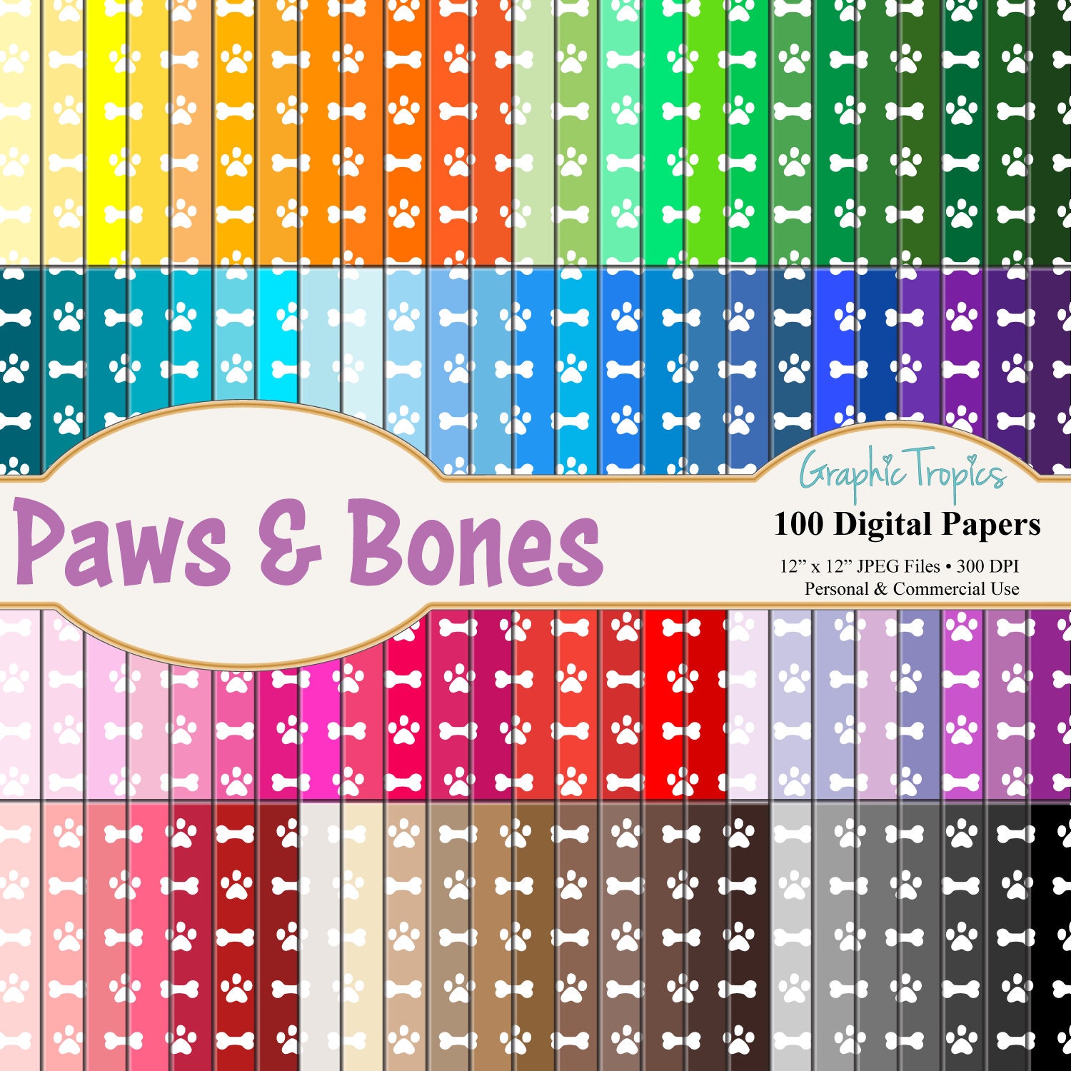 100 Dog Paws & Bones Digital Paper Scrapbook Colors | Doggy Bones ...