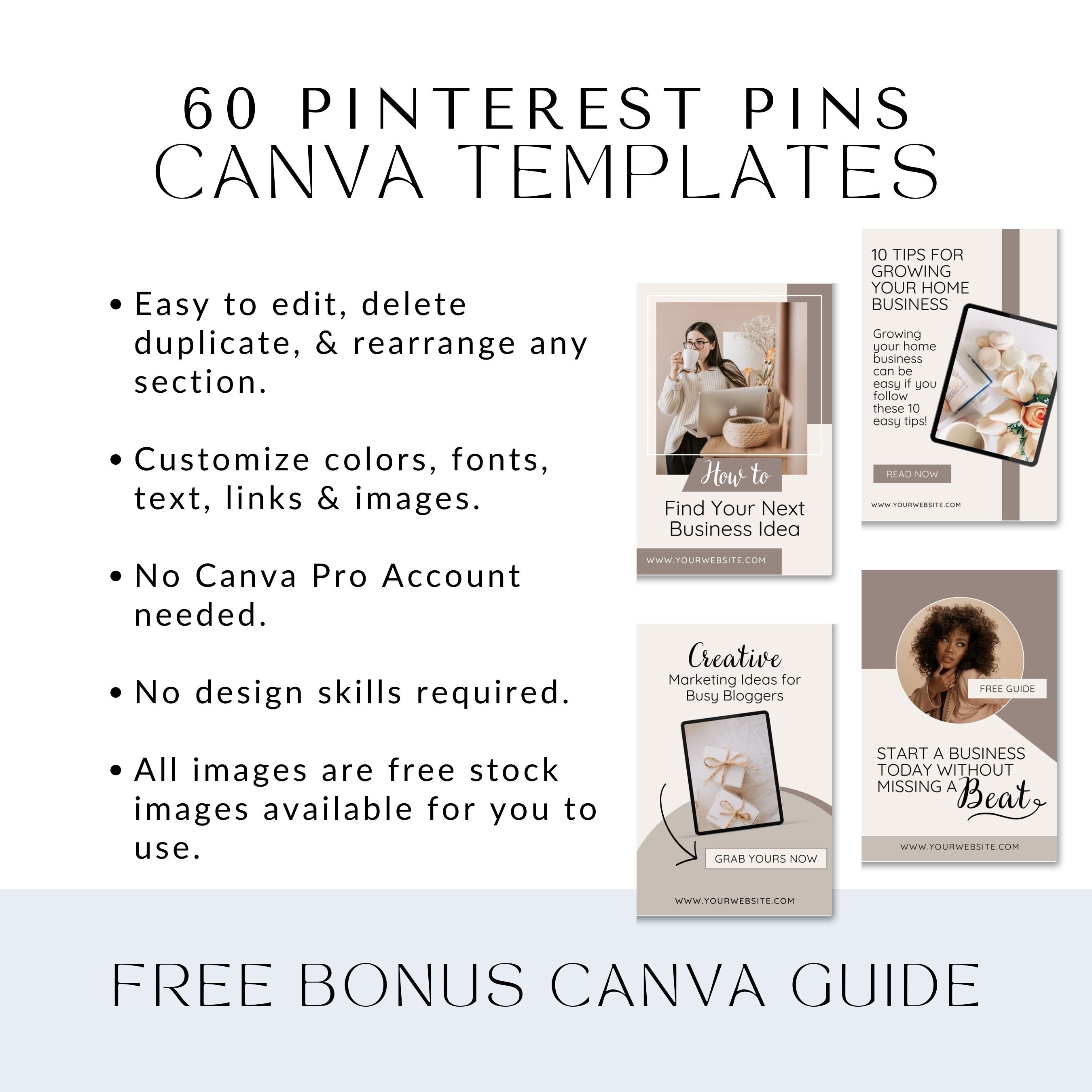 60 Professional Pinterest Pin Templates, Canva Neutral Minimalist ...