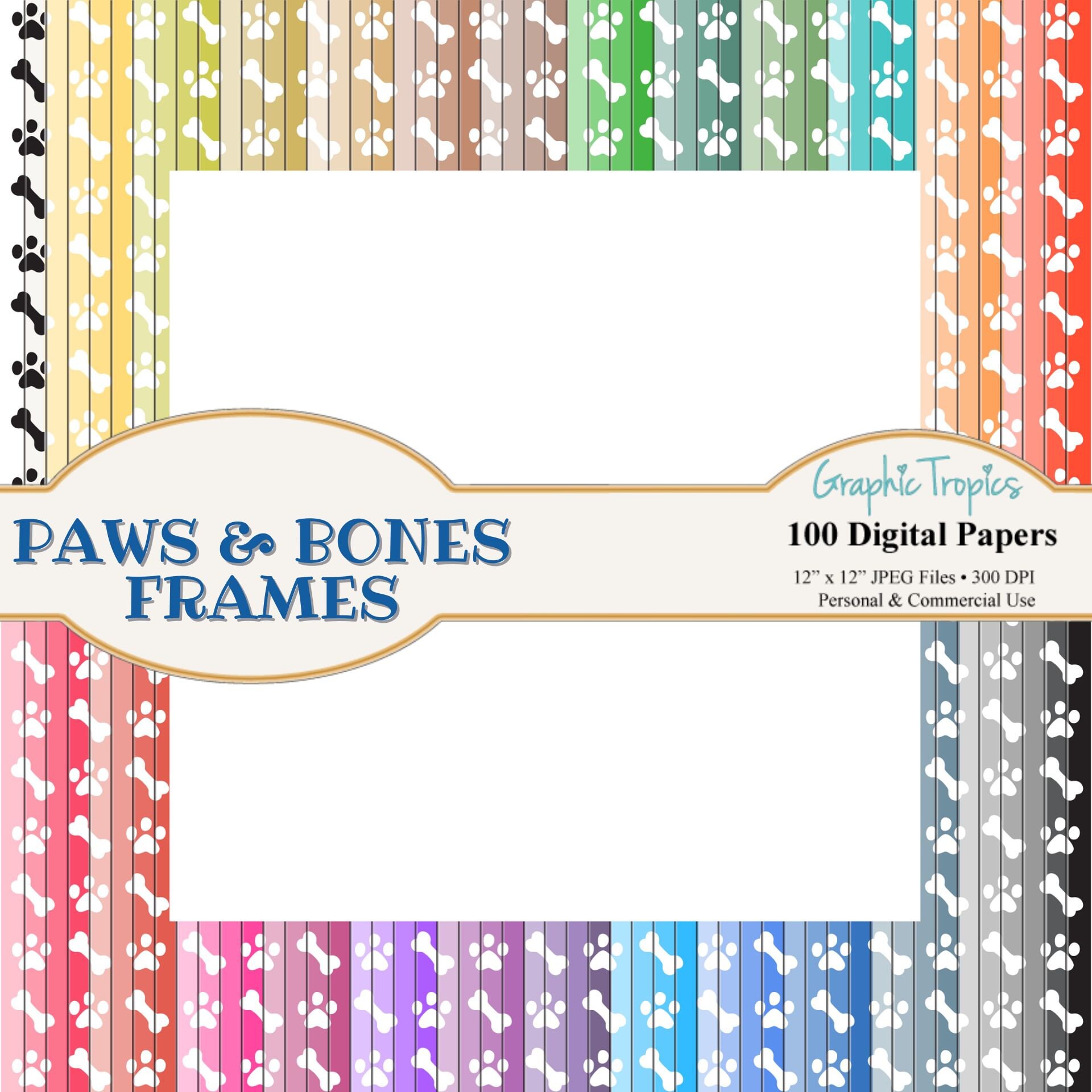 100 Paw Print and Bones Frames Clipart | Dog Paw Bones, Instant ...