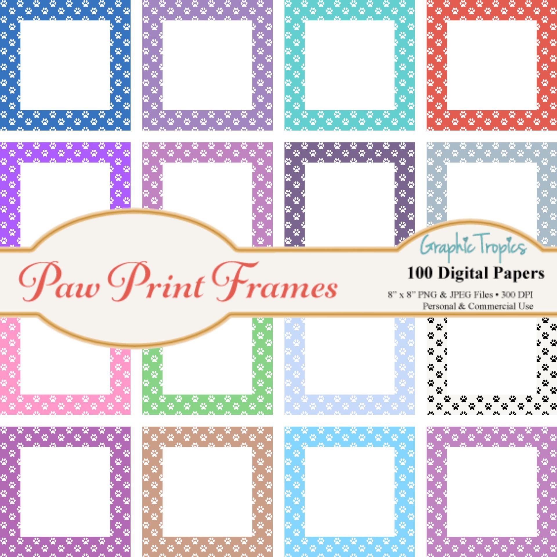 100 Paw Print Frames Clipart | Paw Prints Instant Download, Picture ...