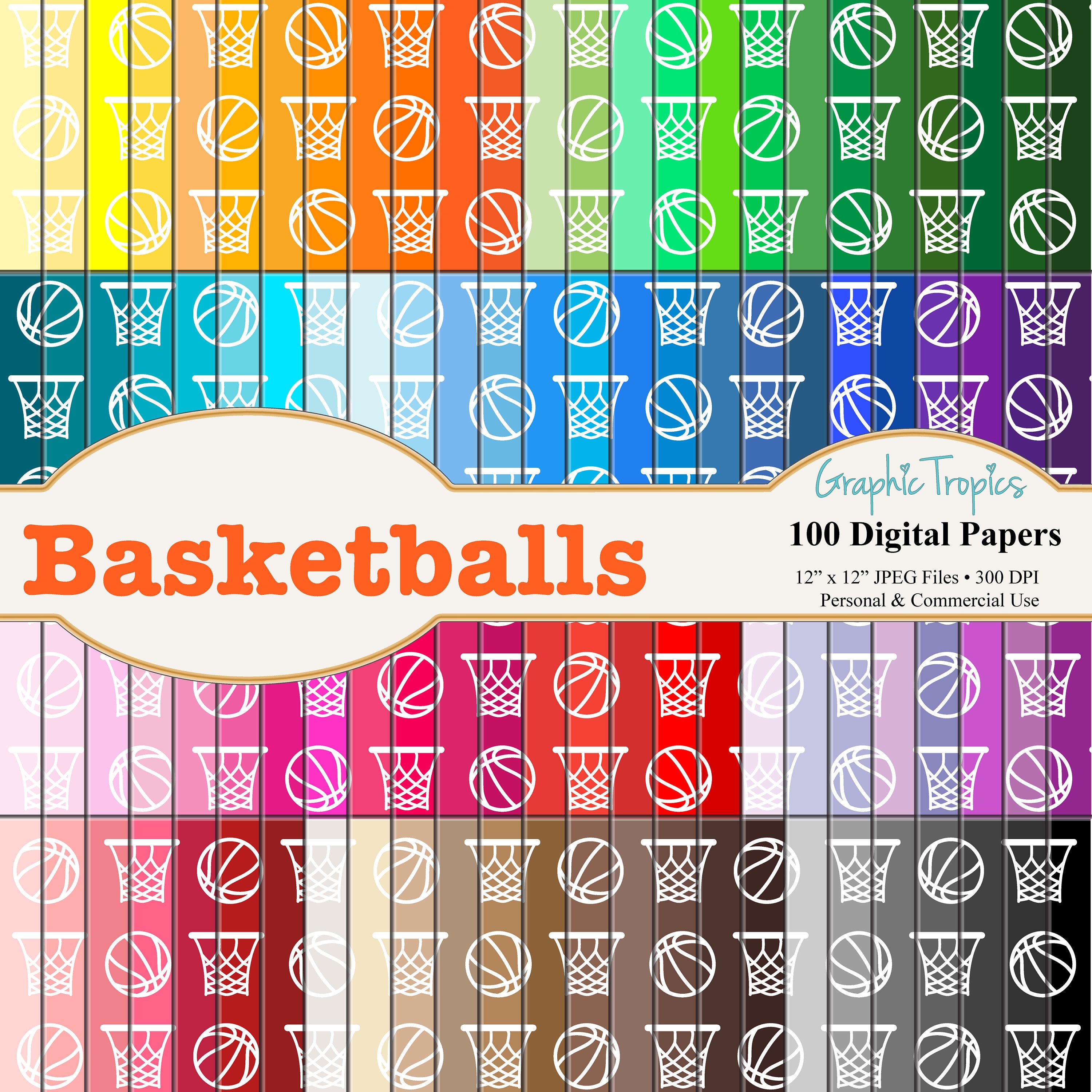 100 Basketballs & Hoops Digital Paper Scrapbook Colors | Digital ...
