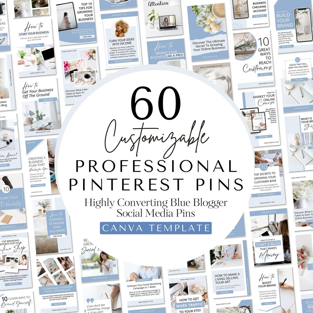 60 Blue Pinterest Pin Templates, Canva Blue Minimalist Template, Social ...