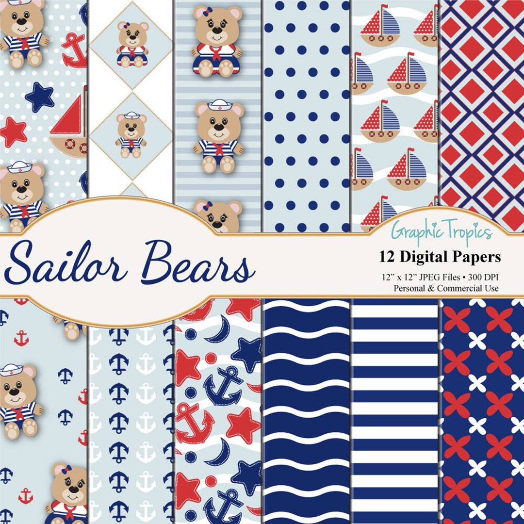 Sailor Bear Digital Paper Set | Nautical Digital Download, Teddy Bear ...