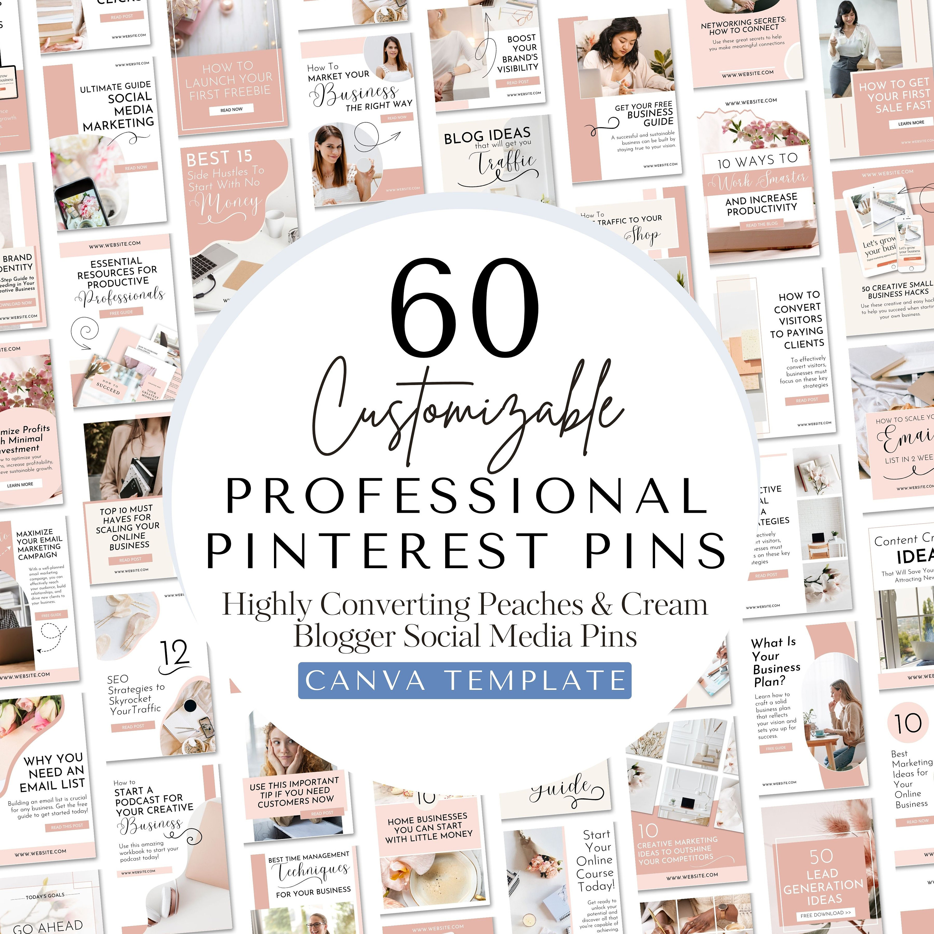 60 Peaches & Cream Pinterest Pin Templates, Peach Canva Neutral Pin ...