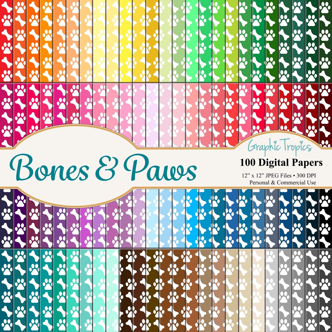 100 Dog Bones & Paws Digital Paper Scrapbook Colors | Doggy Bones ...
