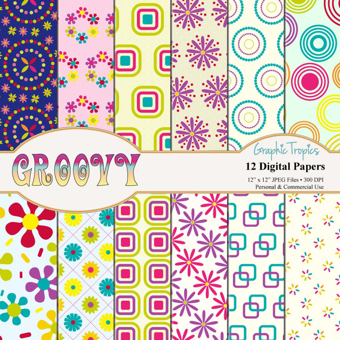 Groovy Paper Set | 60's Digital Download, Retro Patterns, Backgrounds ...