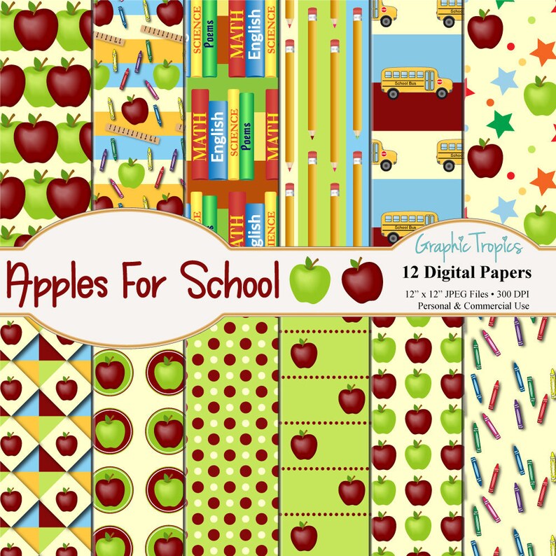 Apples for School Digital Paper Set + 2 Bonus Cliparts | Digital ...