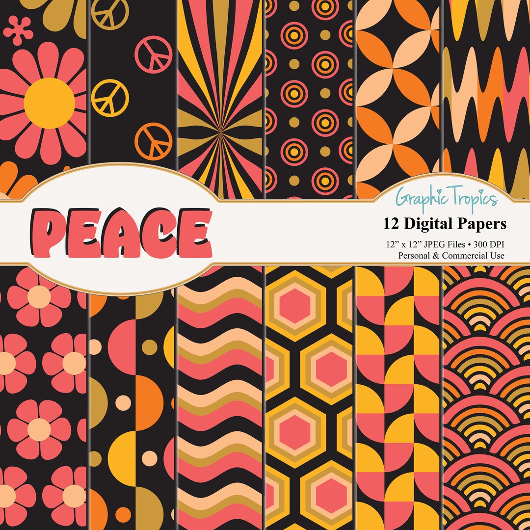 Peace Paper Set | 70's Digital Download, Retro Patterns, Backgrounds ...