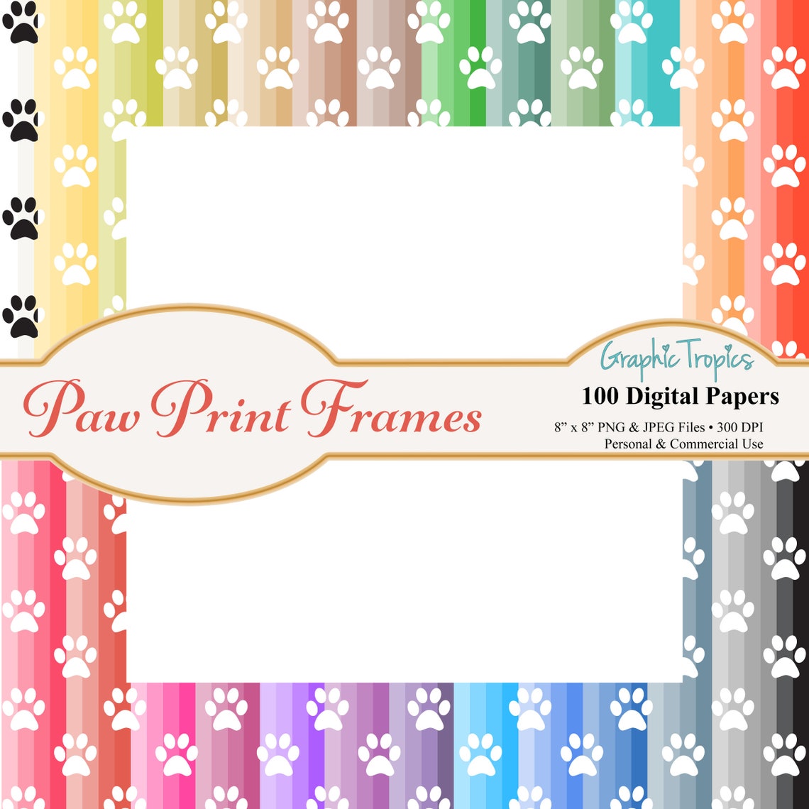 100 Paw Print Frames Clipart Paw Prints Instant Download, Picture ...