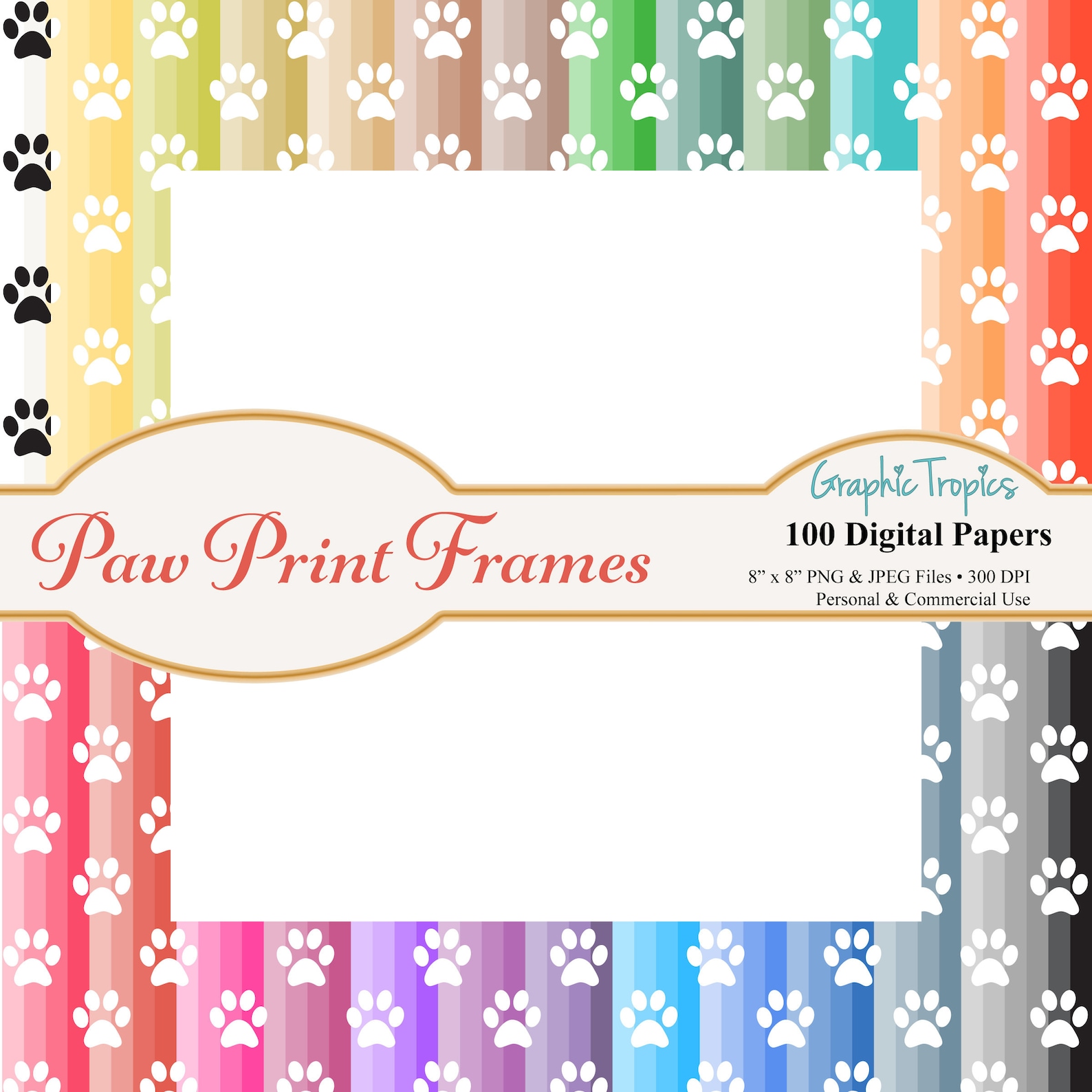 100 Paw Print Frames Clipart | Paw Prints Instant Download, Picture ...