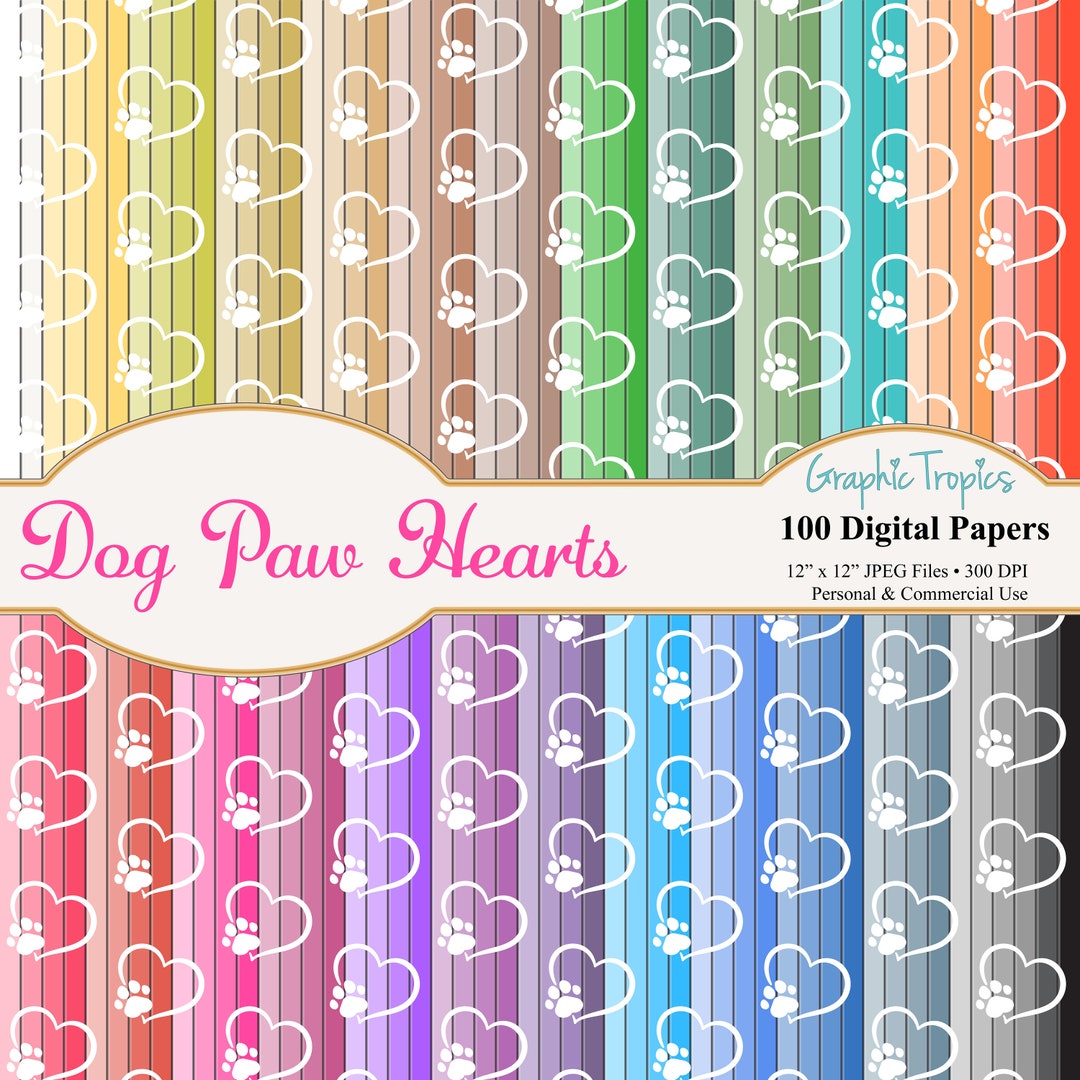 100 Dog Paw Hearts Digital Paper Scrapbook Colors | Paw Heart Digital ...