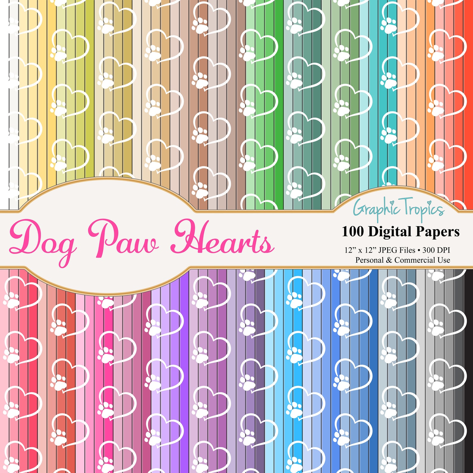 100 Dog Paw Hearts Digital Paper Scrapbook Colors | Paw Heart Digital ...