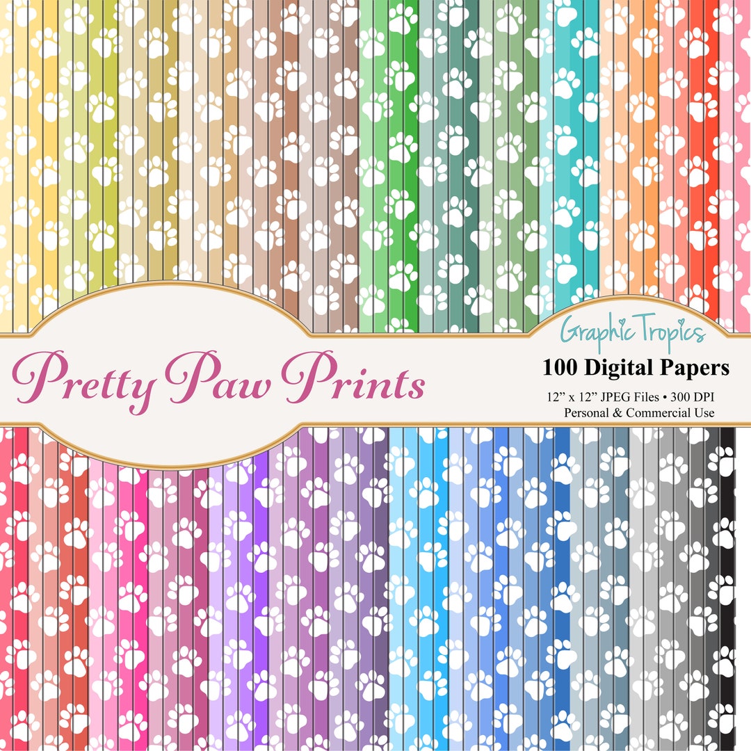 100 Pretty Paw Prints Digital Paper Scrapbook Colors | Paw Digital ...