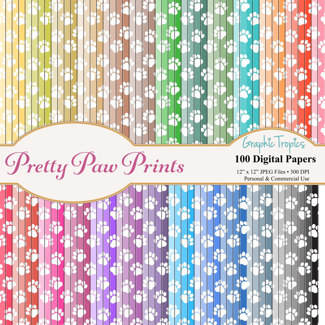 100 Pretty Paw Prints Digital Paper Scrapbook Colors | Paw Digital ...