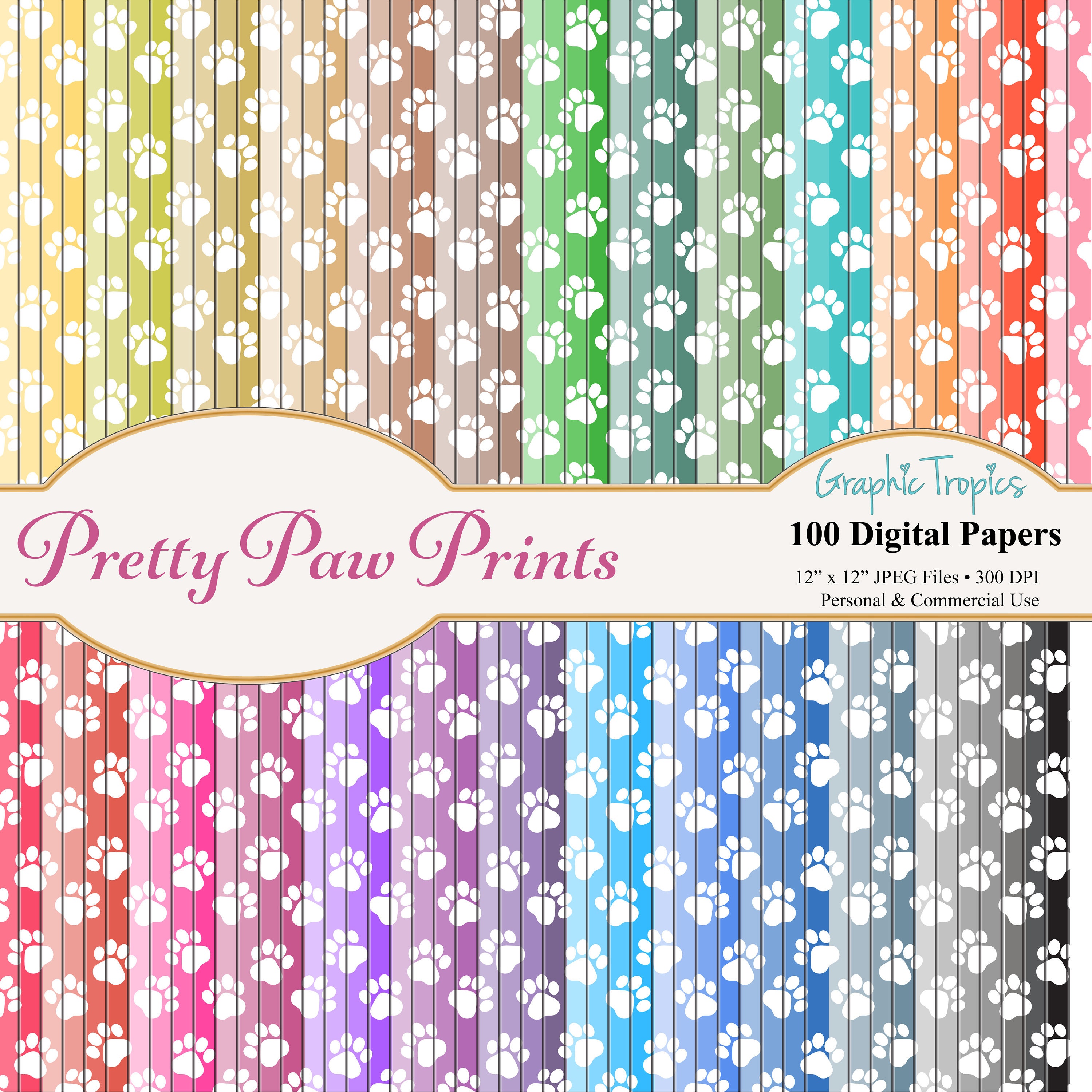 100 Pretty Paw Prints Digital Paper Scrapbook Colors | Paw Digital ...