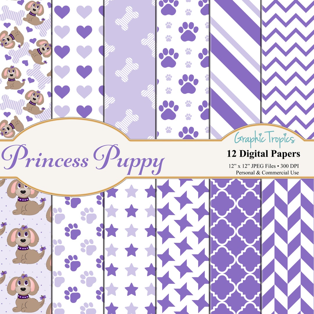 Princess Puppy Digital Scrapbook Paper Set | Purple Digital Download ...