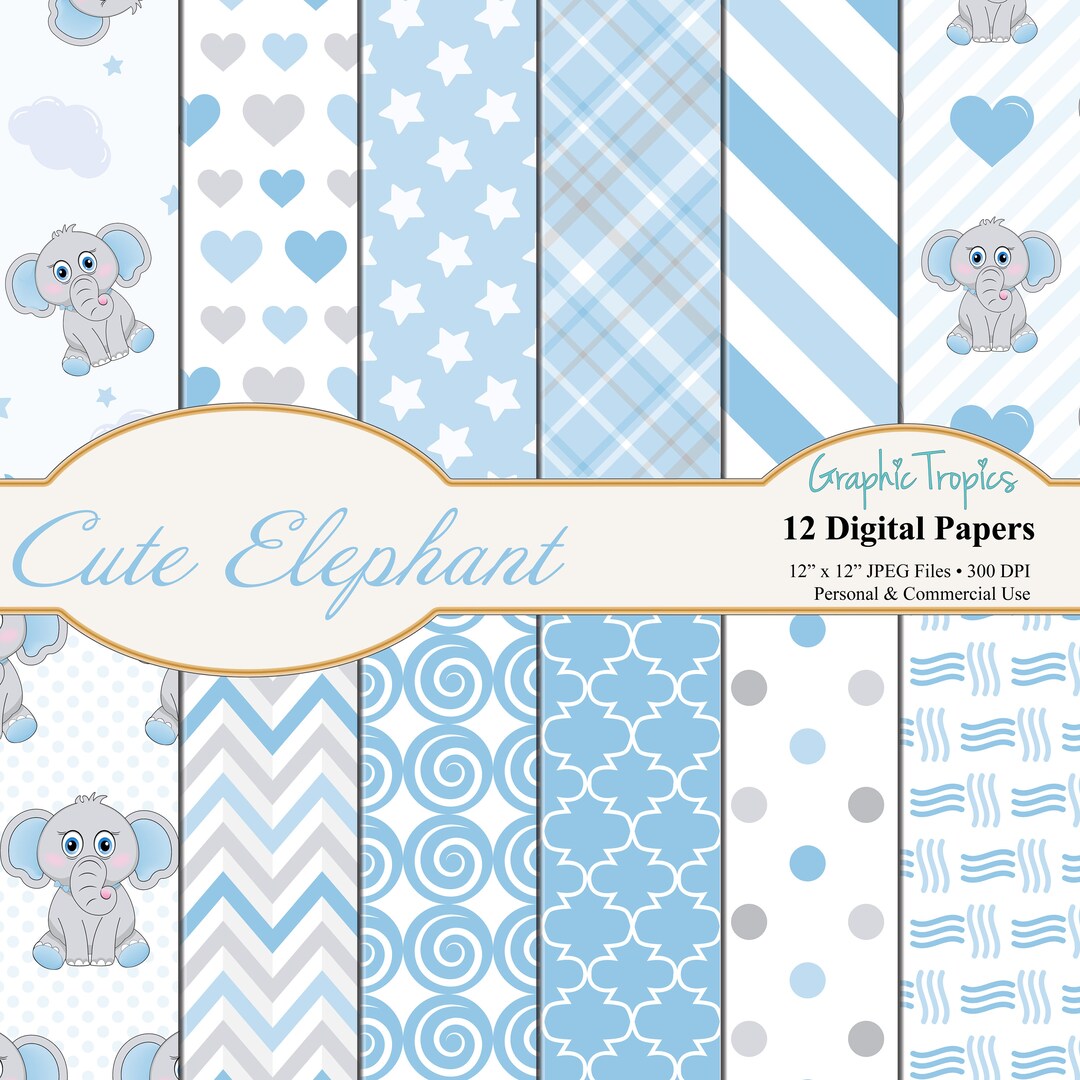 Cute Elephant in Blue Digital Scrapbook Paper Set | Blue Digital ...