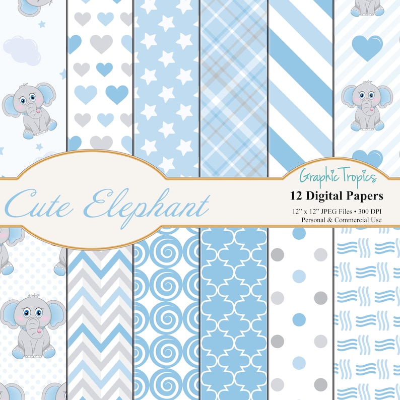 Cute Elephant in Blue Digital Scrapbook Paper Set | Blue Digital ...