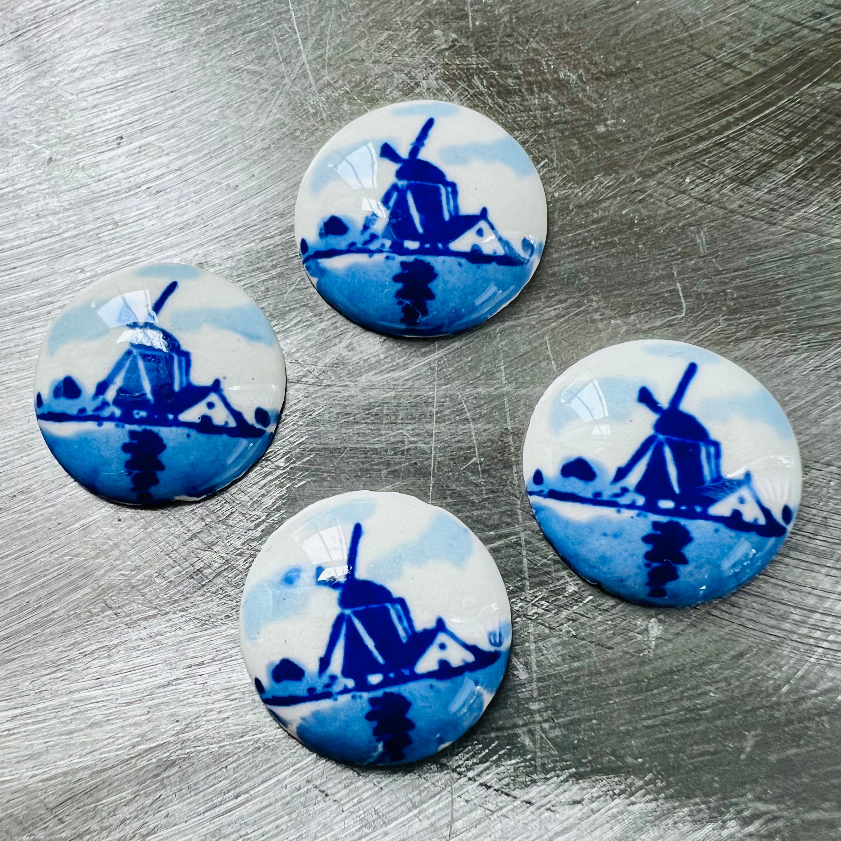 Delft Cabochon Set of Four, Porcelain Windmill Theme Vintage 15mm Round ...