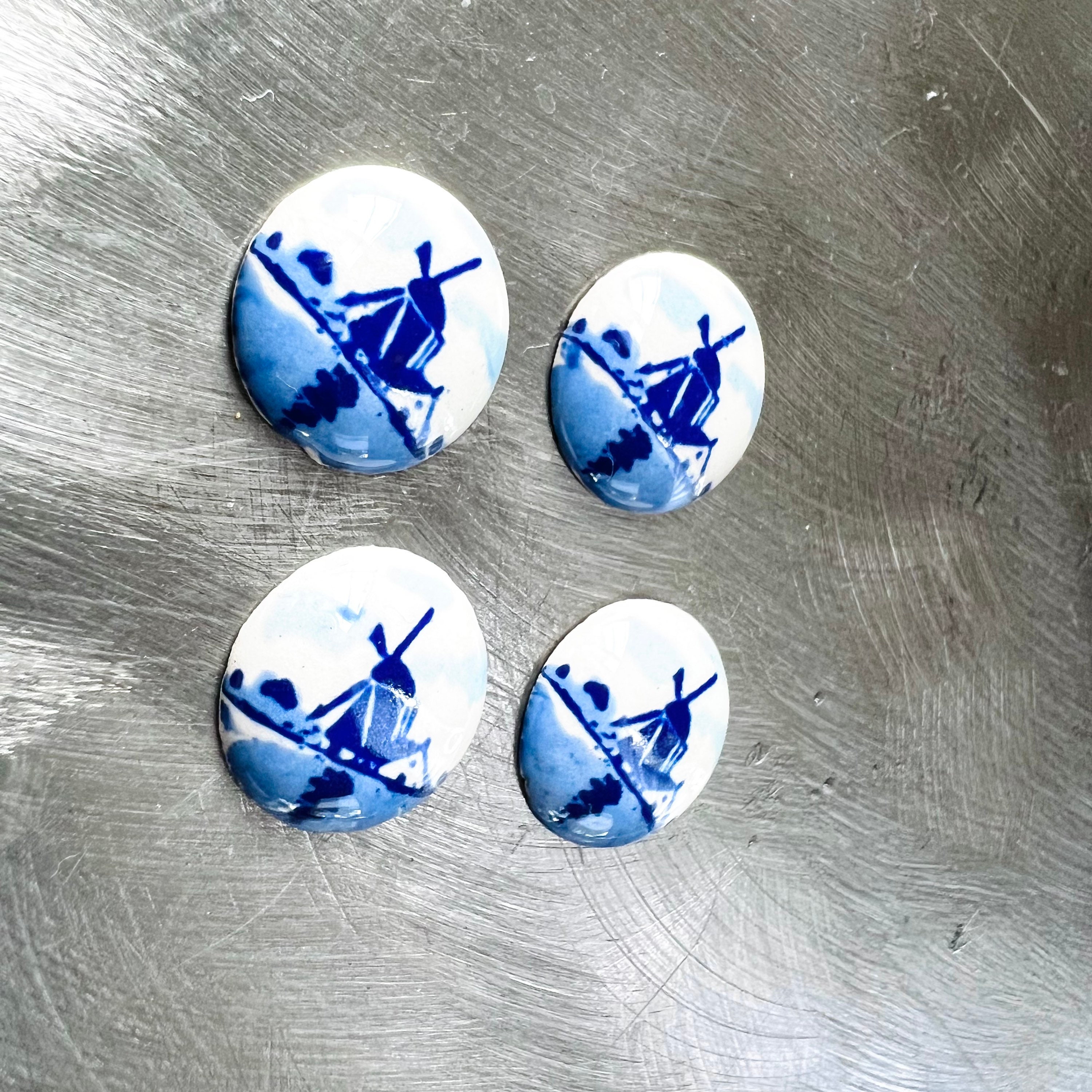 Delft Cabochon Set of Four, Porcelain Windmill Theme Vintage 15mm Round ...
