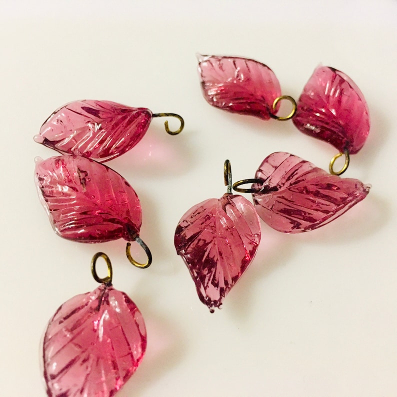 Vintage Czech Glass Leaves Deep Pink Glass Leaves 2 Charms 13mm Pressed ...