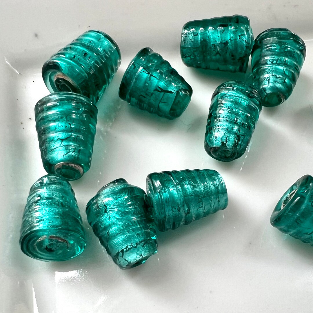 Cone (8) Rare Beads Deep Teal Glass Silver Foil Lined Vintage Beads (8 ...