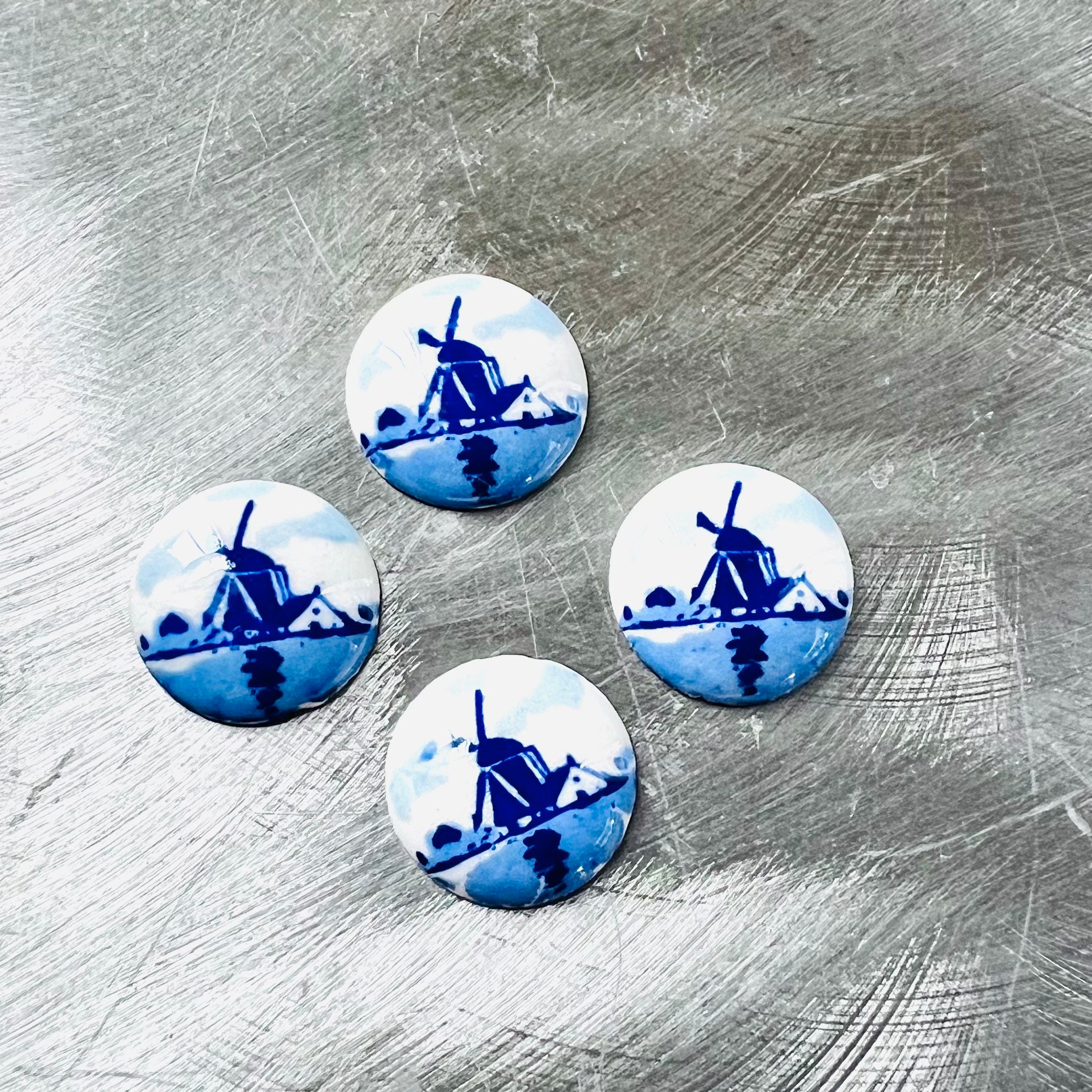 Delft Cabochon Set of Four, Porcelain Windmill Theme Vintage 15mm Round ...