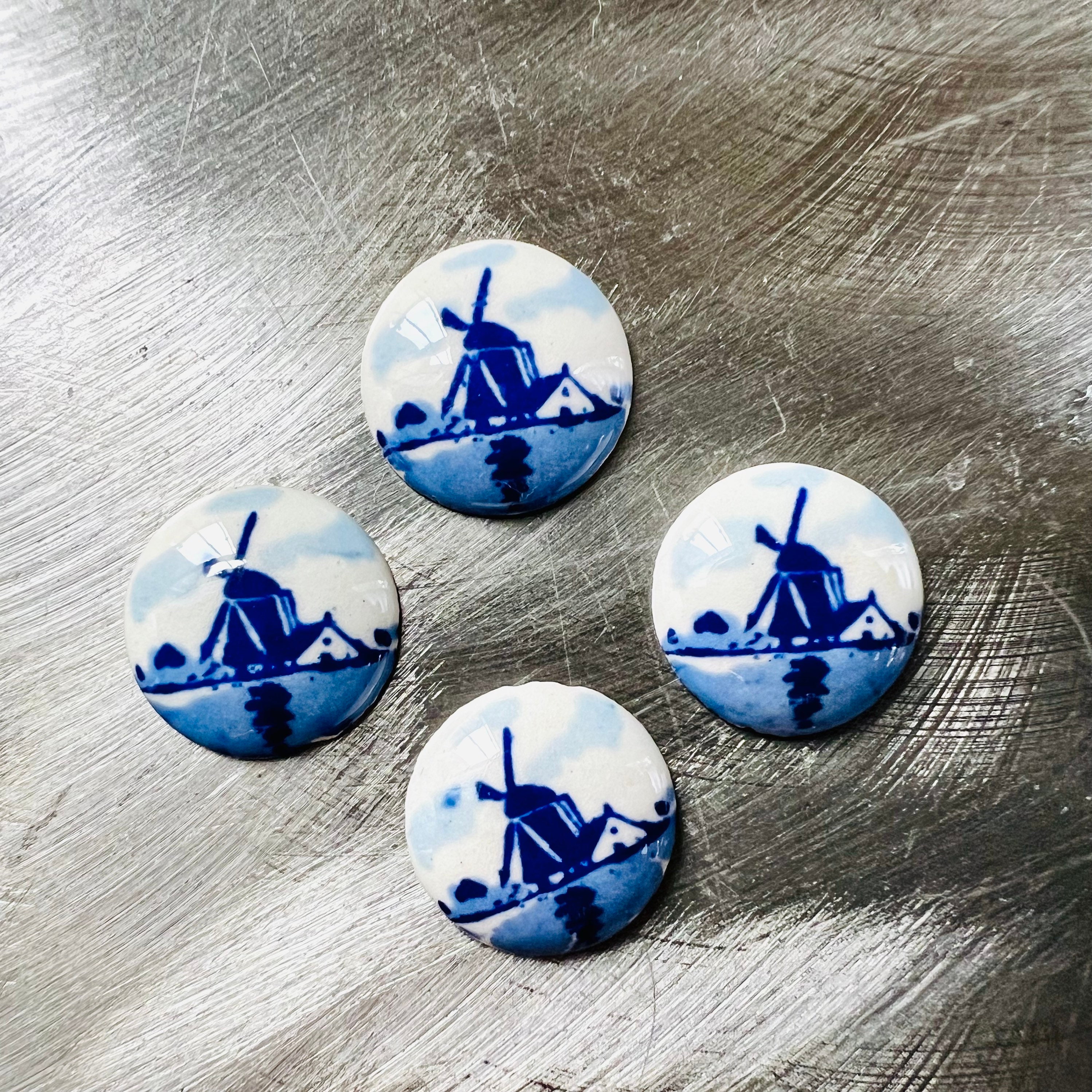 Delft Cabochon Set of Four, Porcelain Windmill Theme Vintage 15mm Round ...