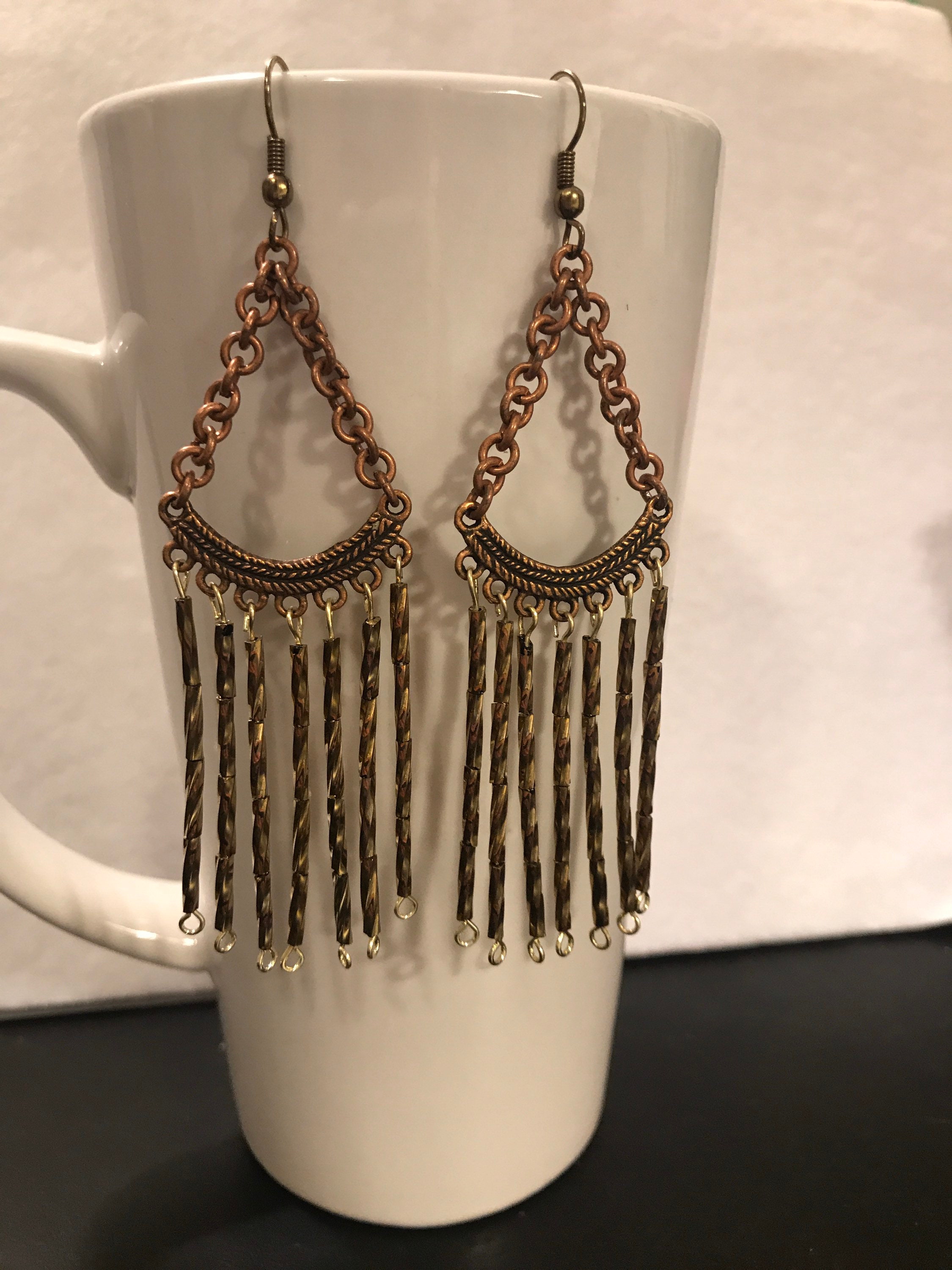 Handmade Earrings Gold Bugle Beads Bronze Chain Bronze - Etsy