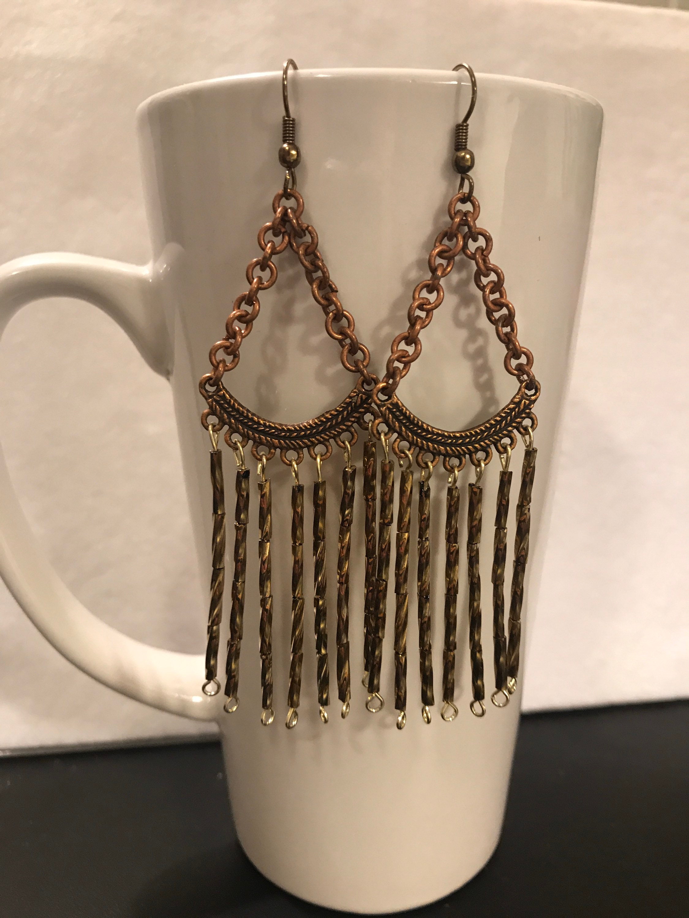 Handmade Earrings Gold Bugle Beads Bronze Chain Bronze - Etsy