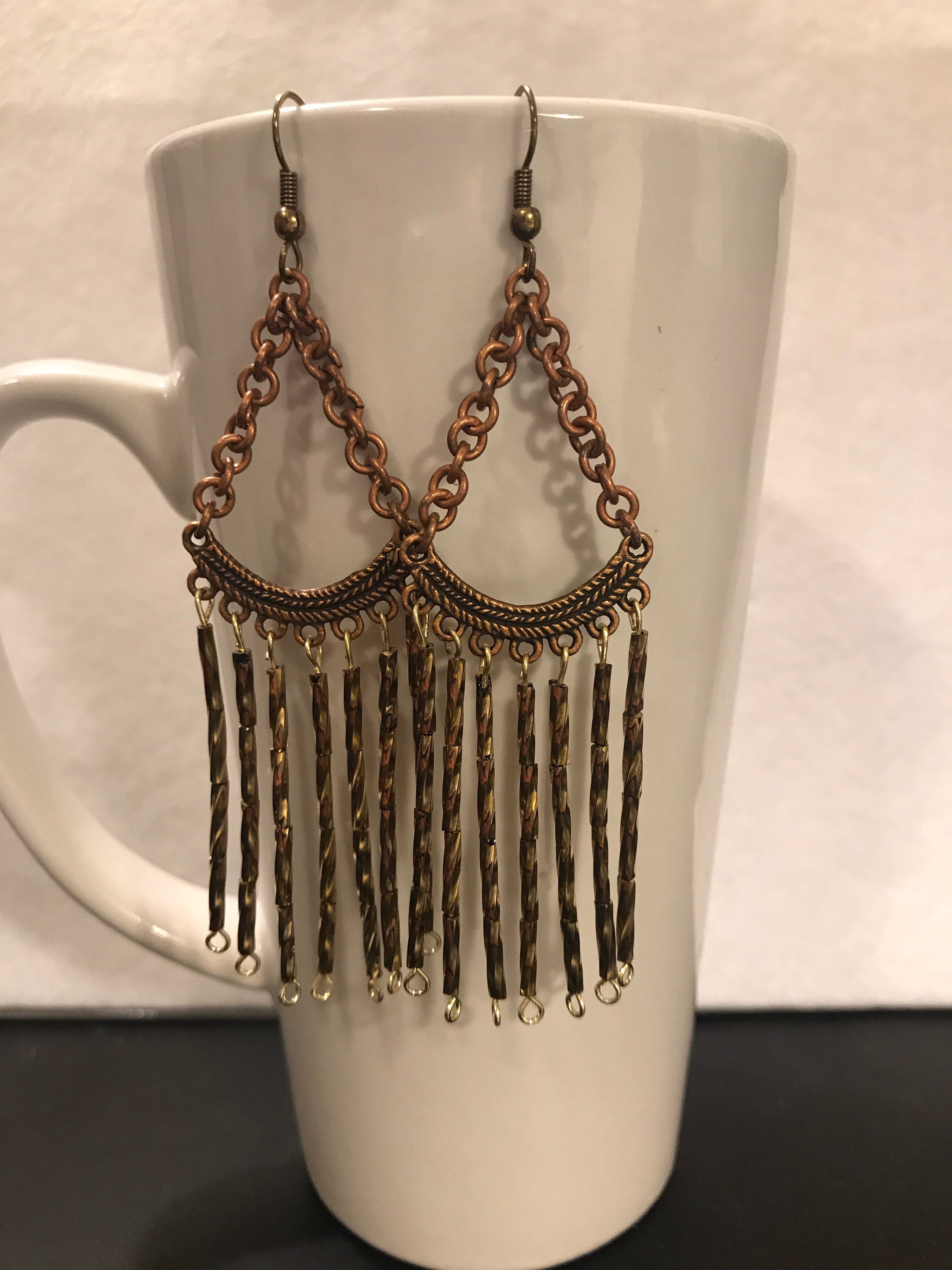 Handmade Earrings Gold Bugle Beads Bronze Chain Bronze - Etsy